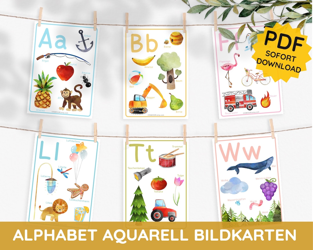 Alphabet Watercolor Cards, Picture Cards, Learning Letters, Sparking ...