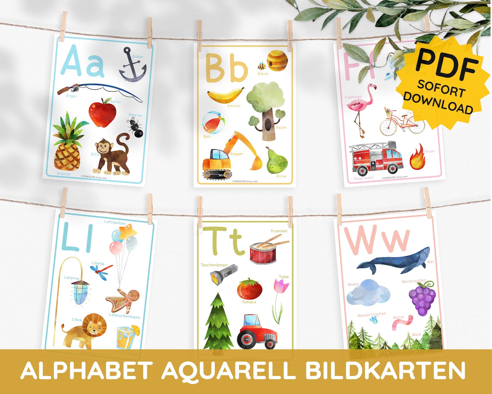 Alphabet Watercolor Cards, Picture Cards, Learning Letters, Sparking ...