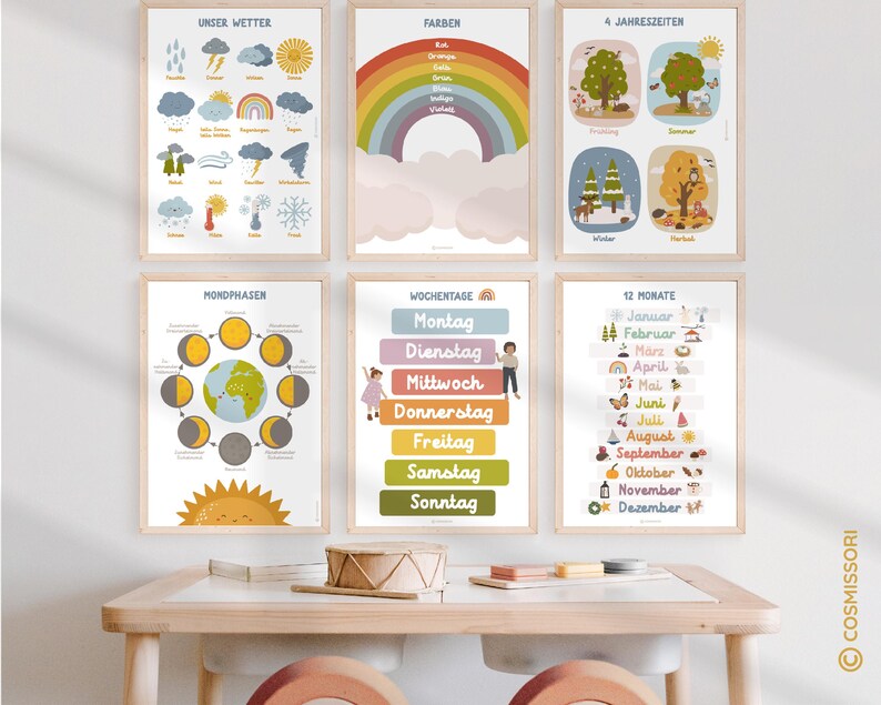 6 Poster Set Time & Weather Seasons Months Weekdays Wall Art Boho ...