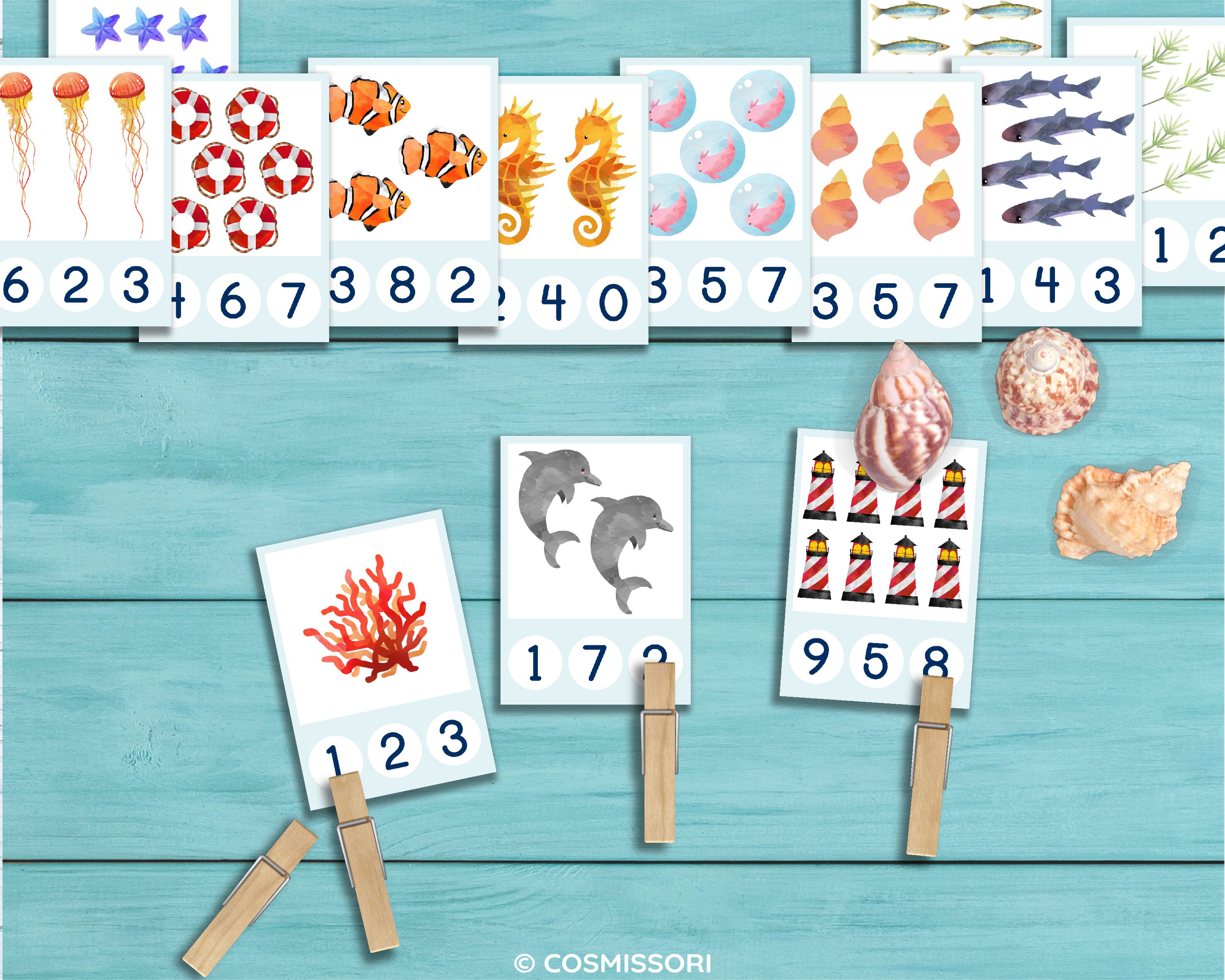 Ocean Sea Animals Clothespin Cards Montessori Counting Number Learning ...