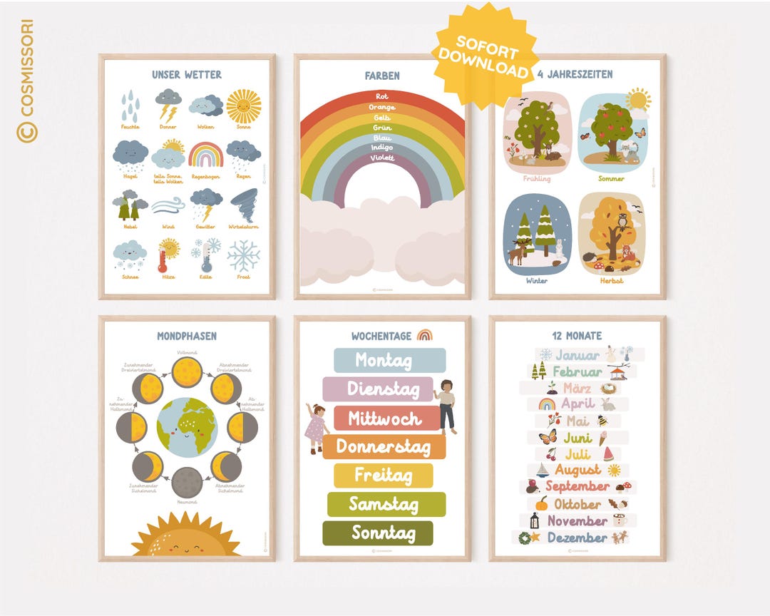 6 Poster Set Time & Weather Seasons Months Weekdays Wall Art Boho ...