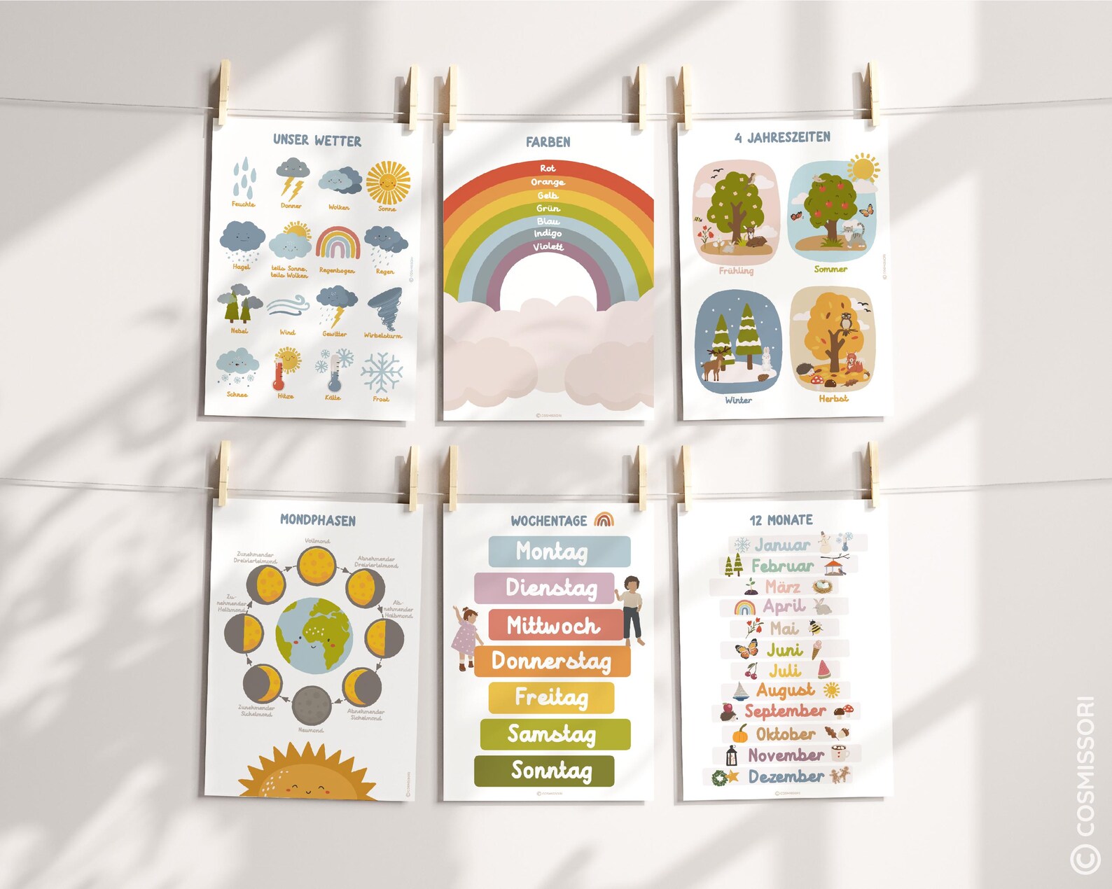 6 Poster Set Time & Weather Seasons Months Weekdays Wall Art Boho ...