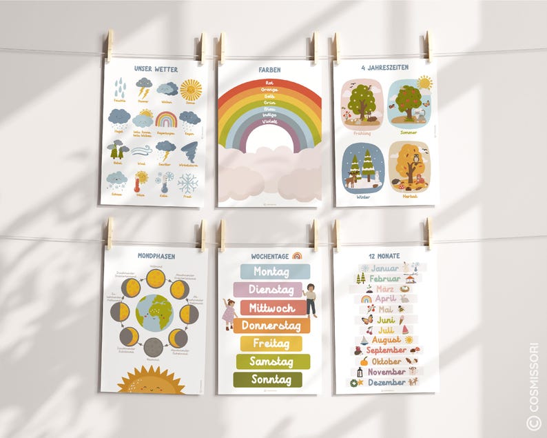 6 Poster Set Time & Weather Seasons Months Weekdays Wall Art Boho ...