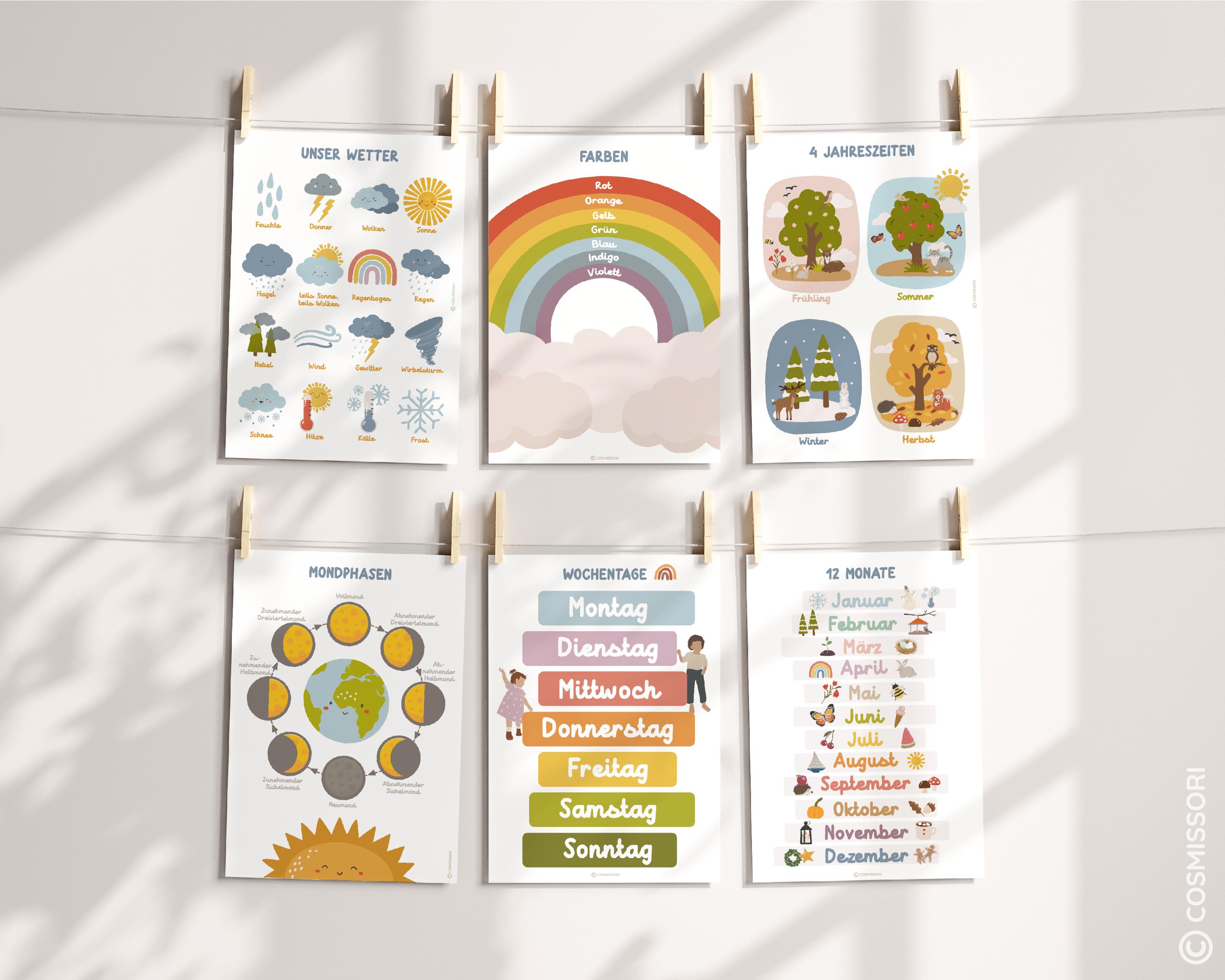 6 Poster Set Time & Weather Seasons Months Weekdays Wall Art Boho ...