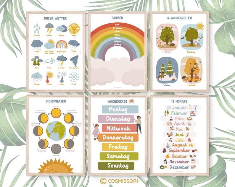 6 Poster Set Time & Weather Seasons Months Weekdays Wall Art Boho ...