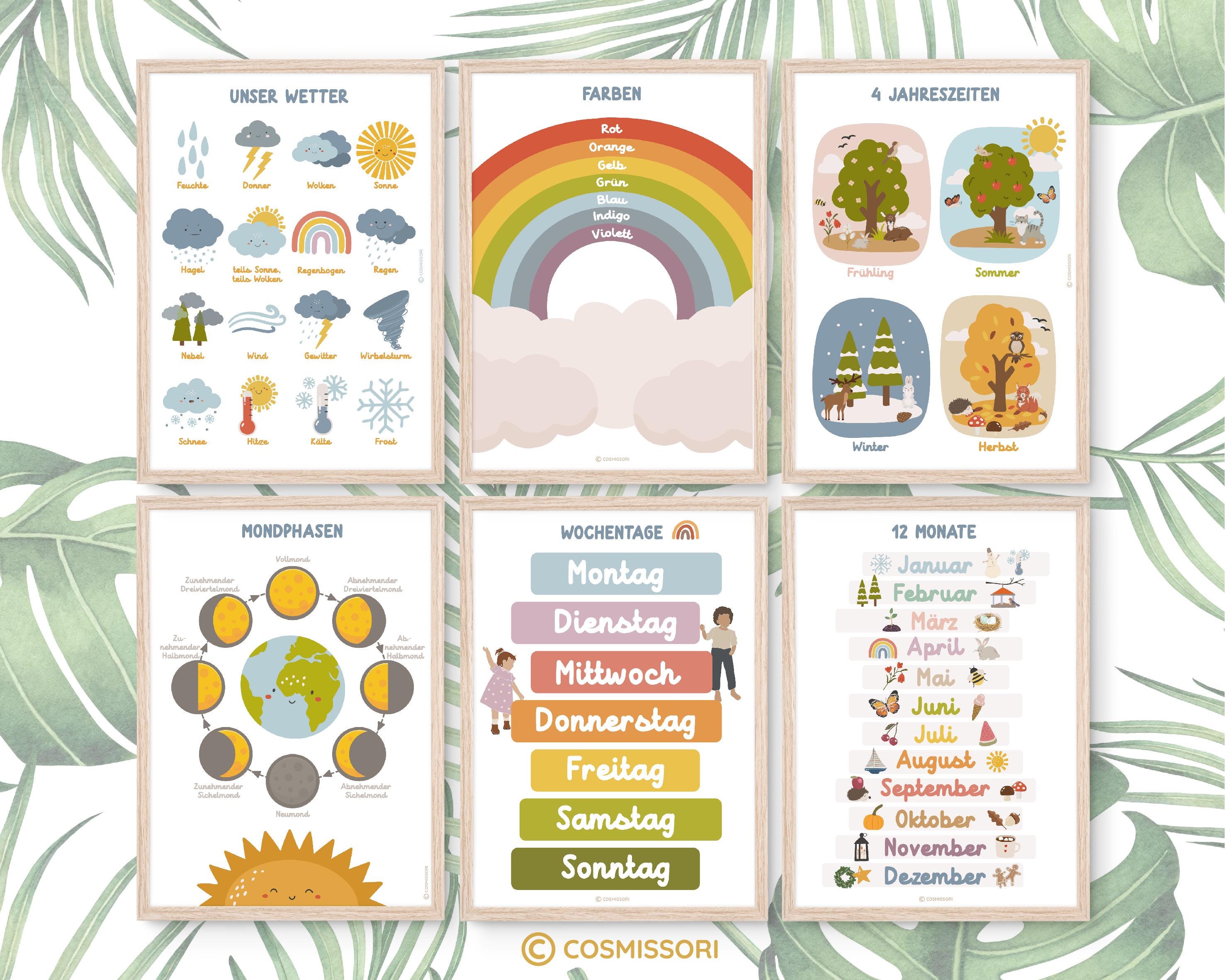 6 Poster Set Time & Weather Seasons Months Weekdays Wall Art Boho ...