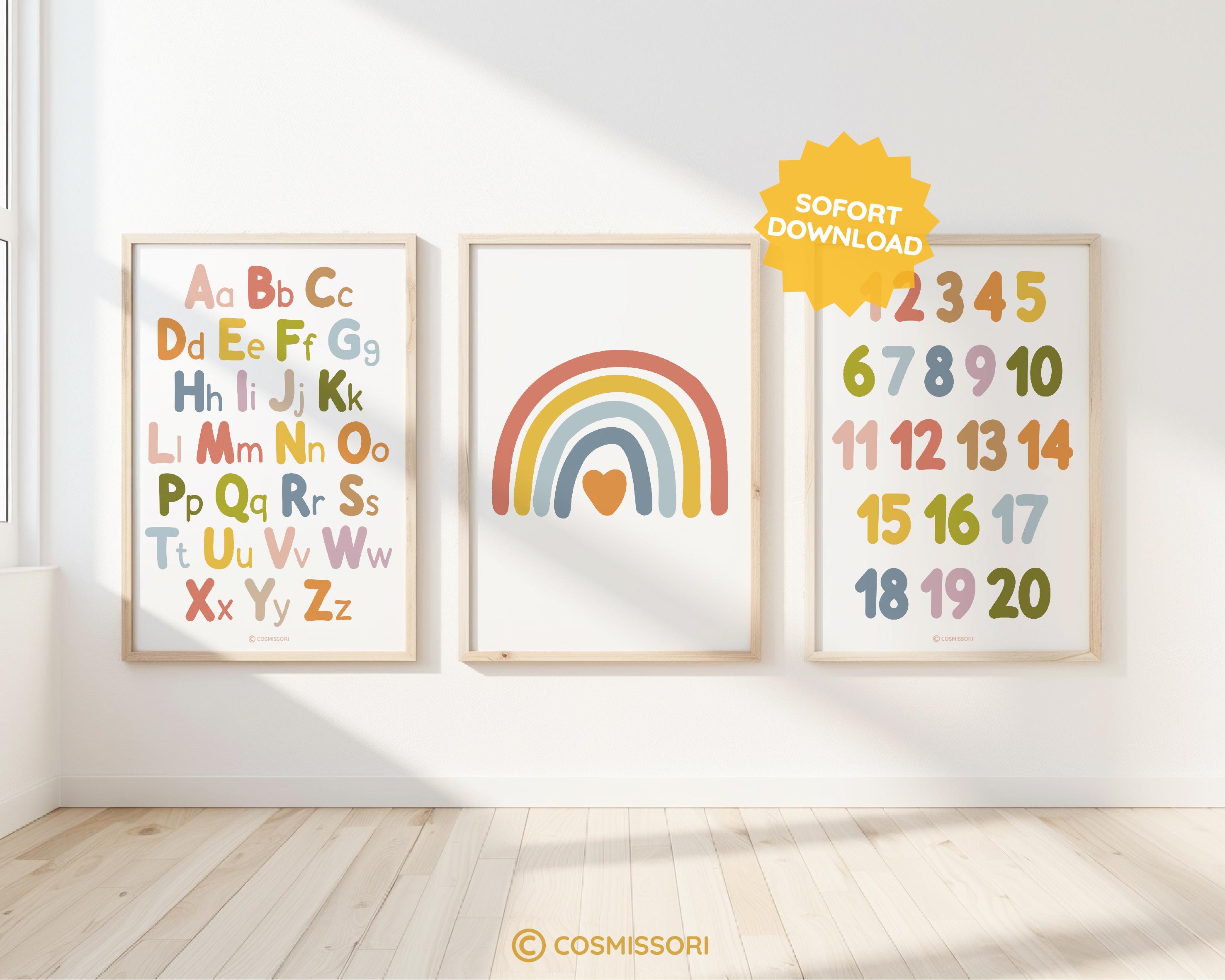 Alphabet Numbers Rainbow Poster Set of 3 Wall Art Kids Room Nursery ...