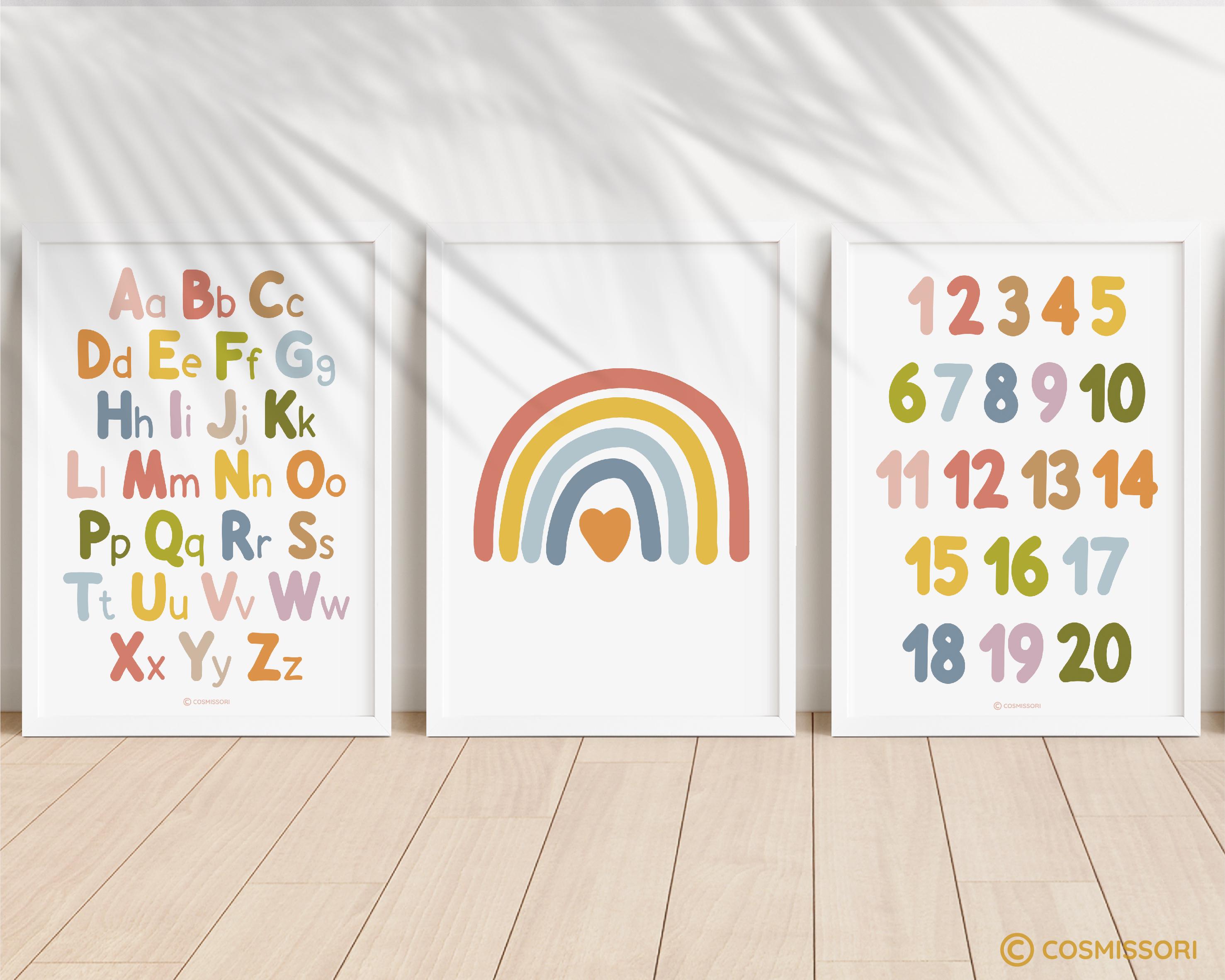 Alphabet Numbers Rainbow Poster Set of 3 Wall Art Kids Room Nursery ...