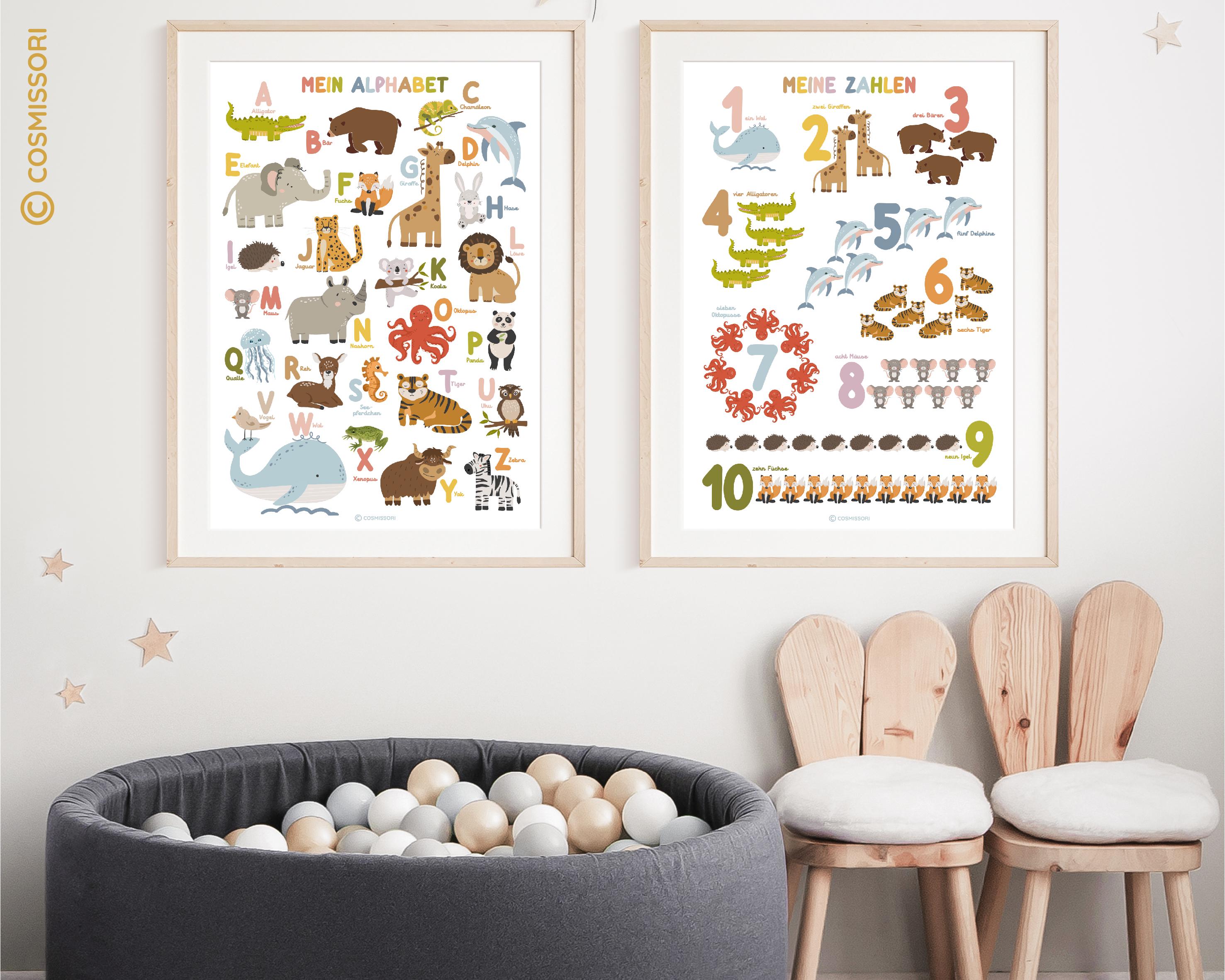 Alphabet Numbers Animals Poster Set of Two Wall Art Nursery Daycare ...