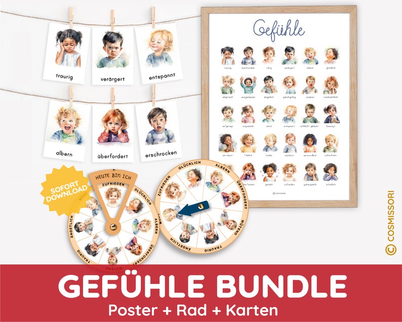 BUNDLE FEELINGS Emotions Montessori Watercolor Set Poster Picture Cards ...