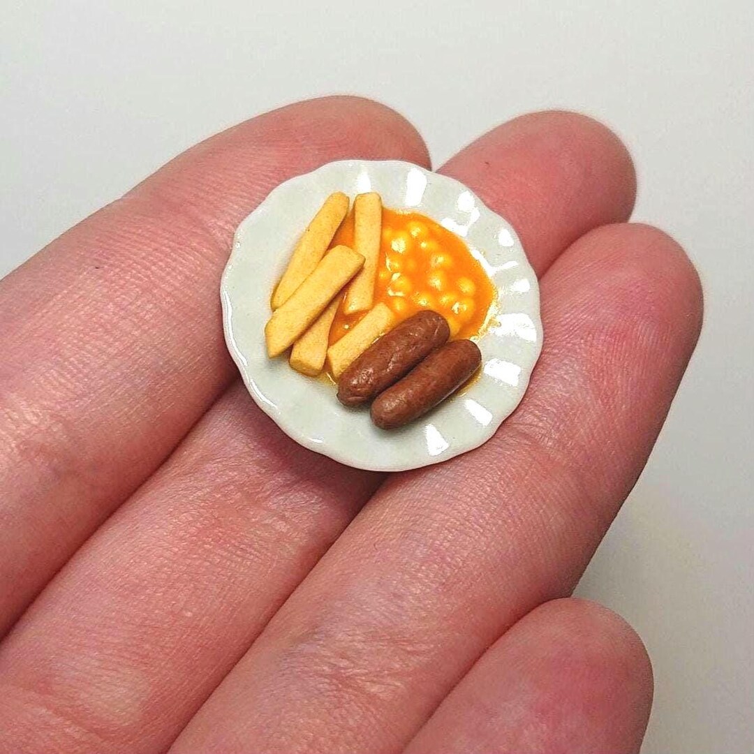 Handmade Miniature Sausages, Chips and Beans, on a White Ceramic Plate ...