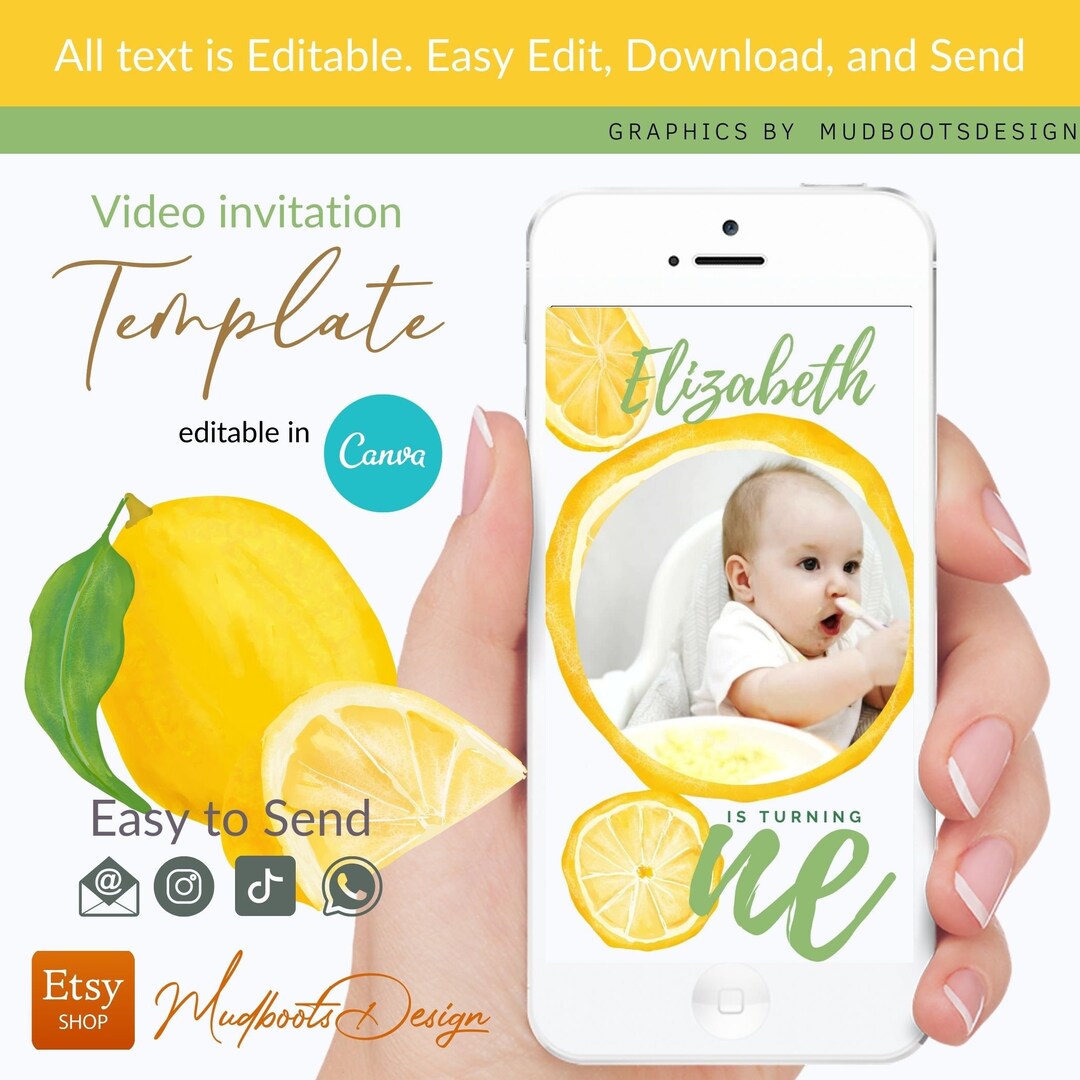 Lemon Sweet One Video Invitation, Canva Invite Template Lemonade ...