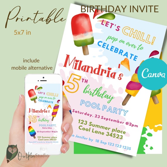 Popsicle pool party printable invitation template, Summer invite, ice ...