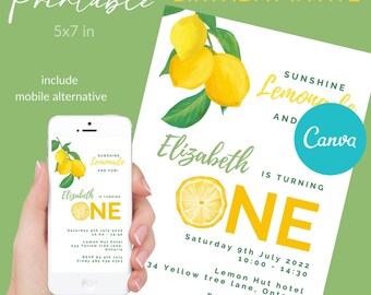 Editable Lemon First Birthday Invitation Template Sunshine - Etsy
