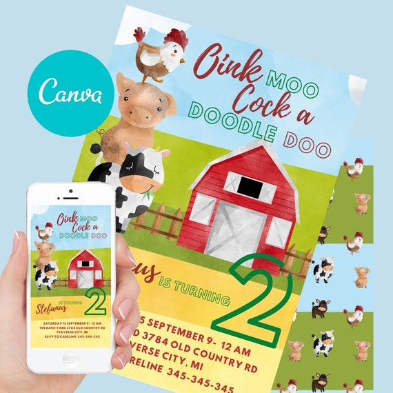 Editable Farm Theme Birthday Invitation Template Bundle, Canva Template ...