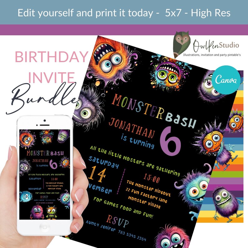 Editable Print Invitation Template, Canva, Monster Bash, Monster ...