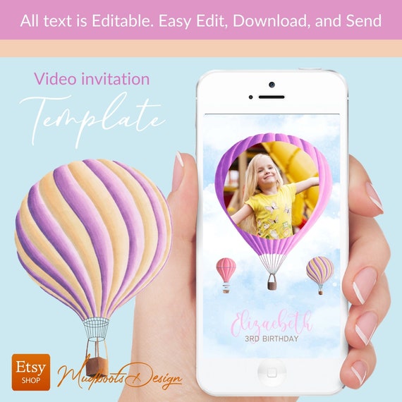 Girly Hot Air Balloon Birthday invitation canva template, editable ...