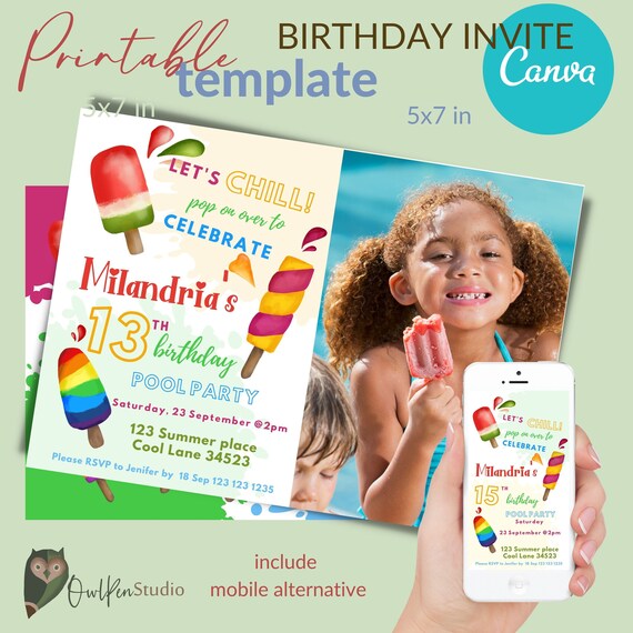 Ice Lolly Printable Invitation Template Summer Pool Party - Etsy