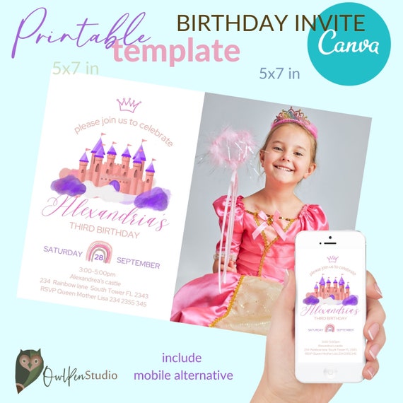 Princess Birthday invitation, printable castle invite with Rainbow, 5x7 ...