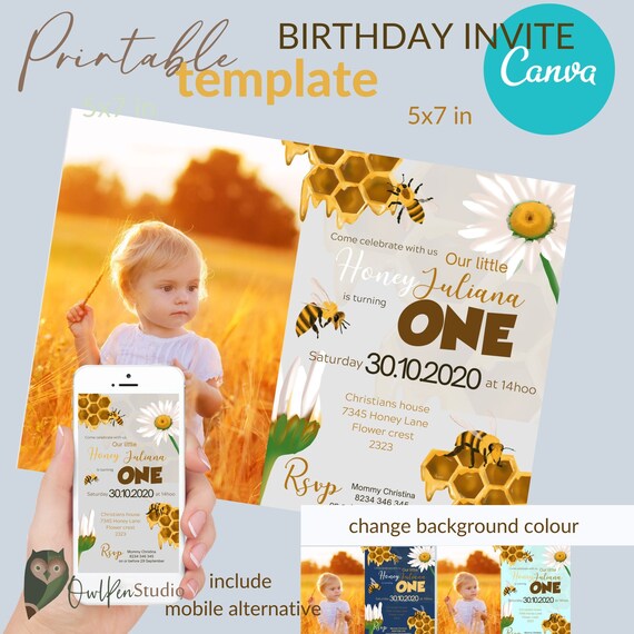 Bee invitation canva template, honey bee party invite, photo bee ...