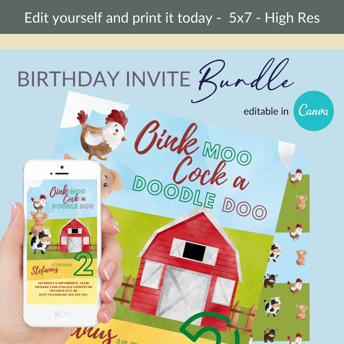 Editable Farm Theme Birthday Invitation Template Bundle, Canva Template ...