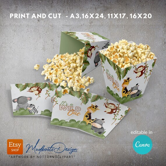 Safari animals Popcorn box ,Wild Safari , Editable digital , party ...