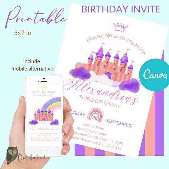 Castle Birthday invitation, printable princess invite with Rainbow, 5x7 ...