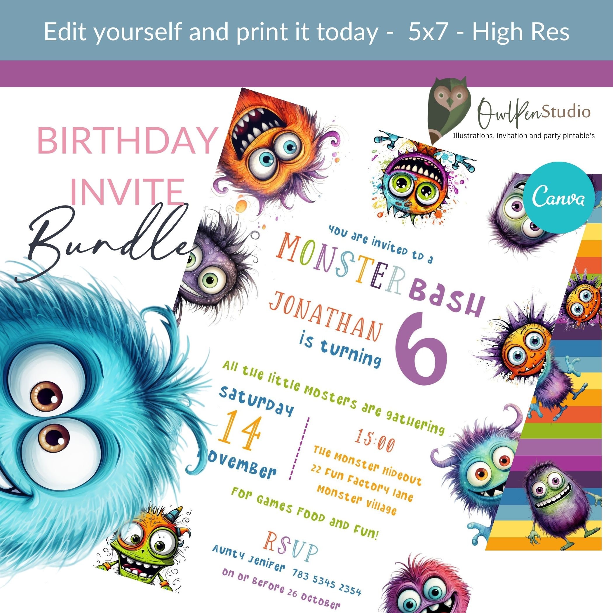 Editable Print Invitation Template, Canva, Monster Bash, Monster ...