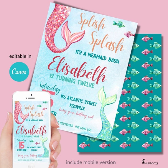 Mermaid birthday Self-edit printable invite template, canva template ...