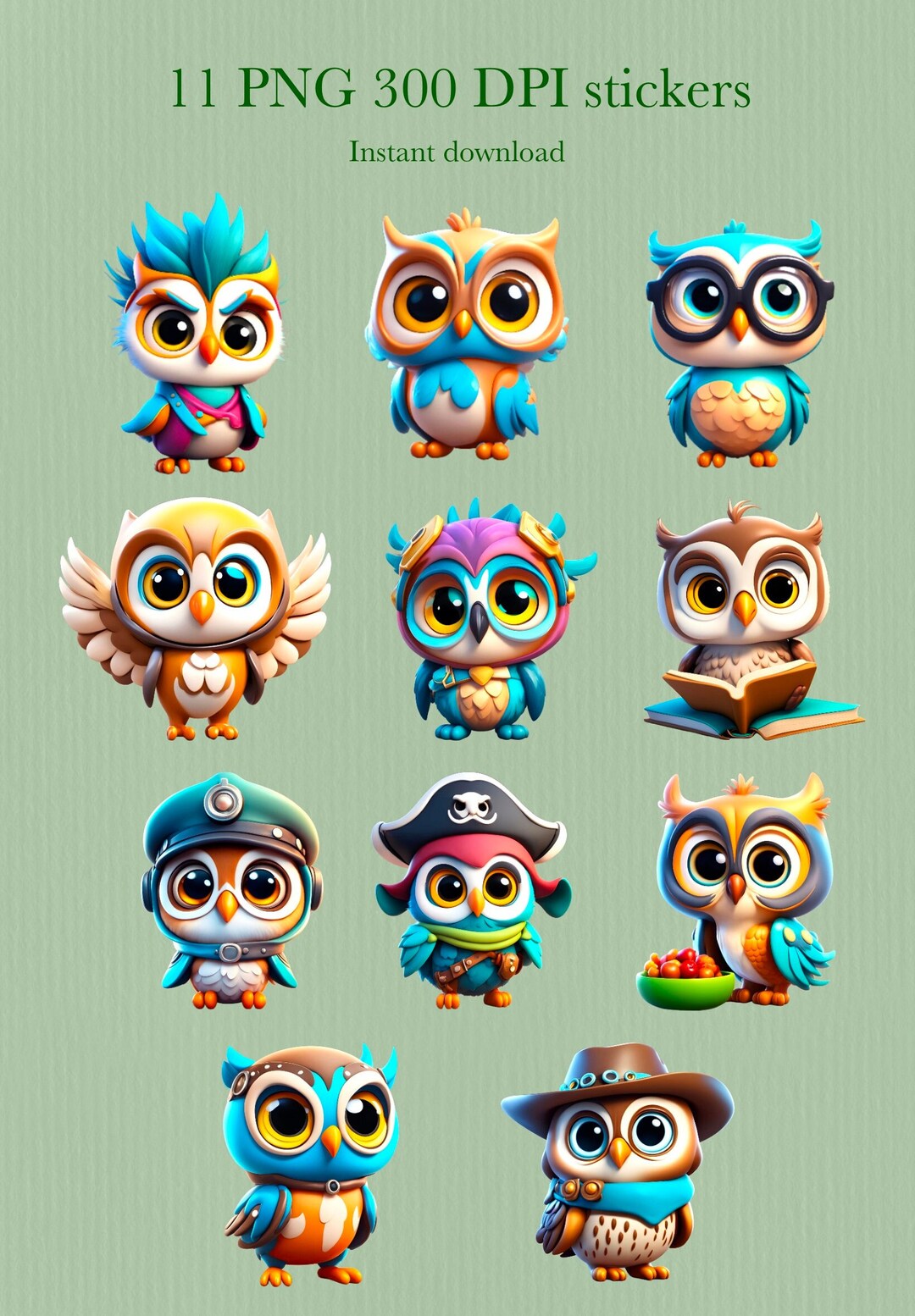 Cute Owl Print and Cut Digital PNG Sticker Sheets, 11 Different Designs ...