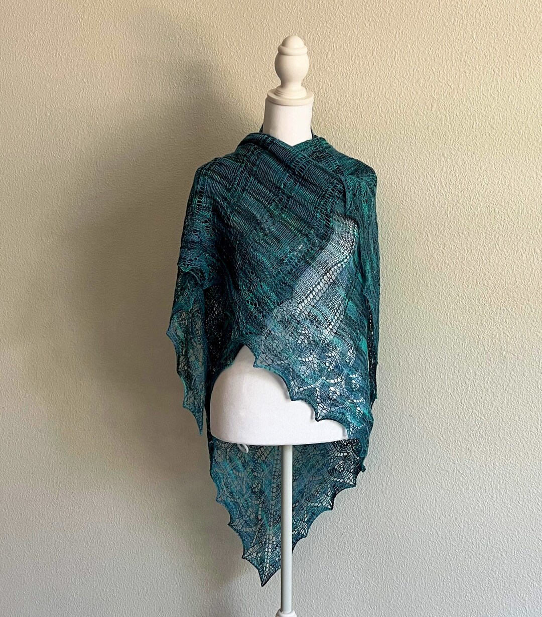Elegant Blue & Teal Triangle Shawl, Lace Wool, Hand Knit, for Women ...