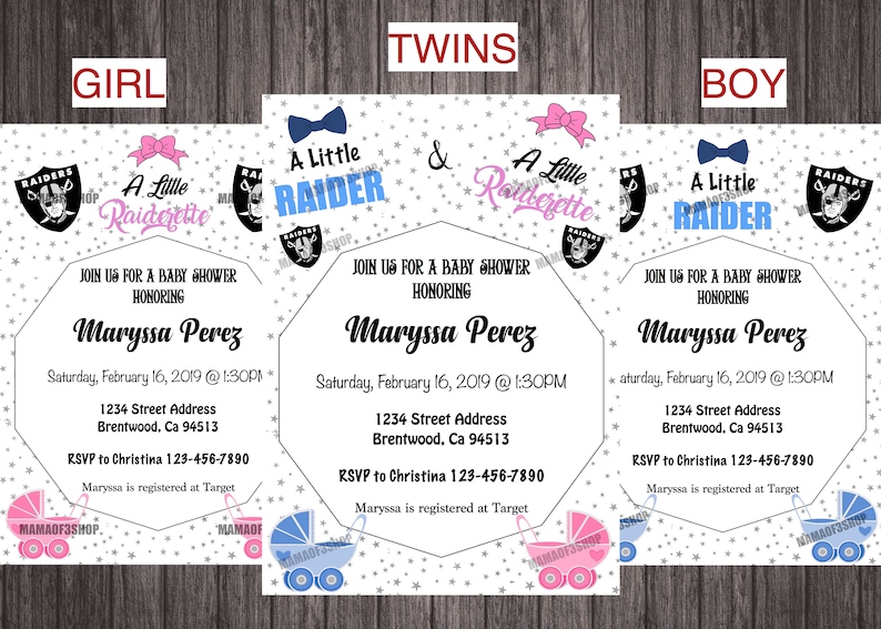 Raiders / Raiderette Twins Baby Shower Party Invitation [4x6 or 5x7 ...