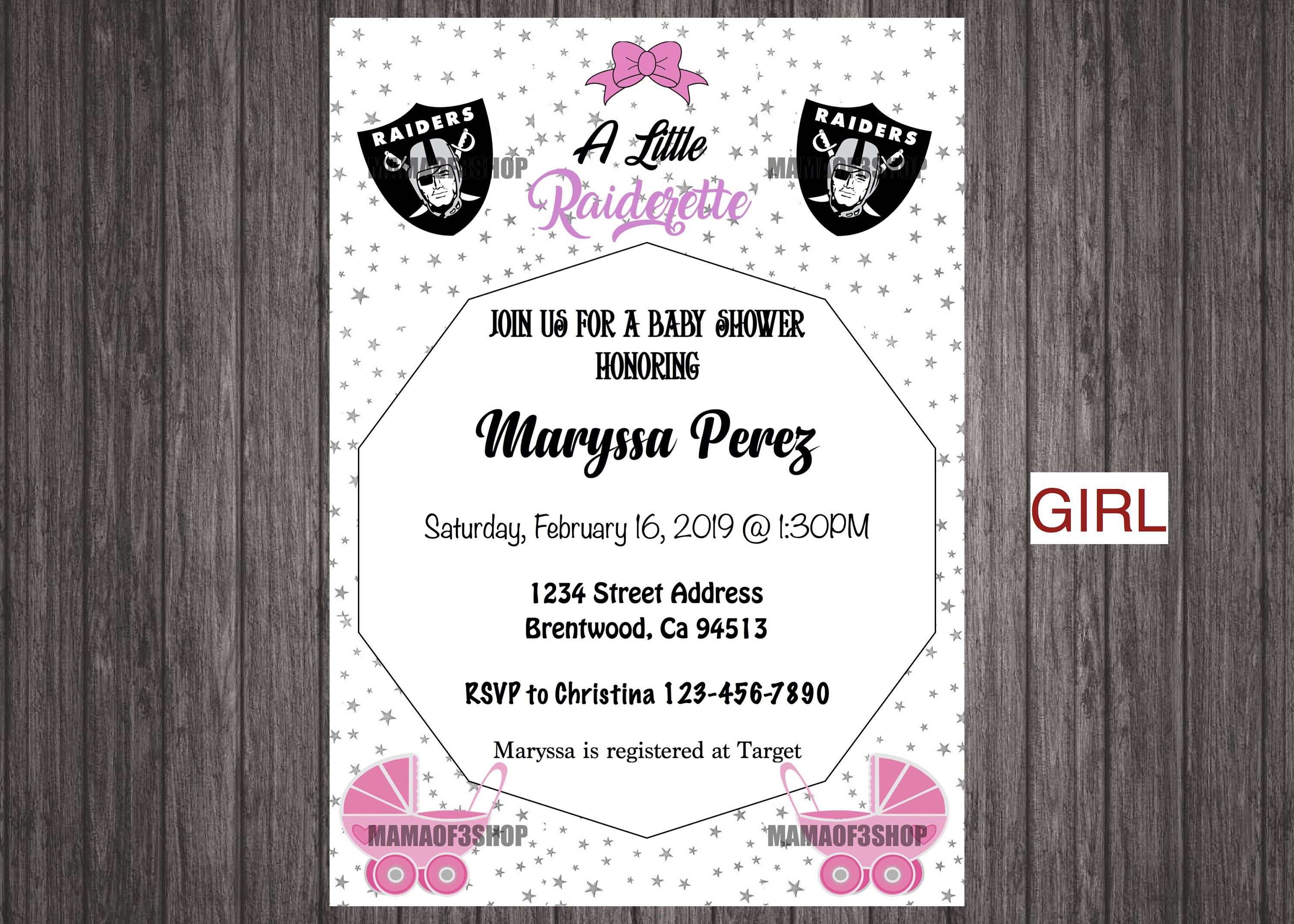Raiders / Raiderette Twins Baby Shower Party Invitation [4x6 or 5x7 ...