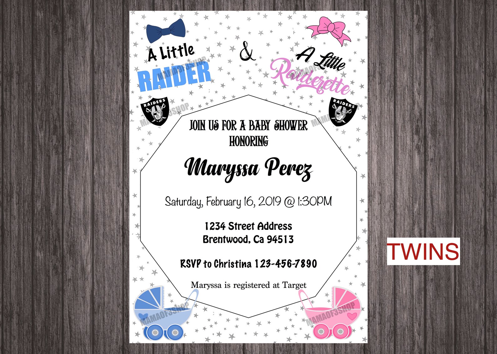 Raiders / Raiderette Twins Baby Shower Party Invitation [4x6 or 5x7 ...