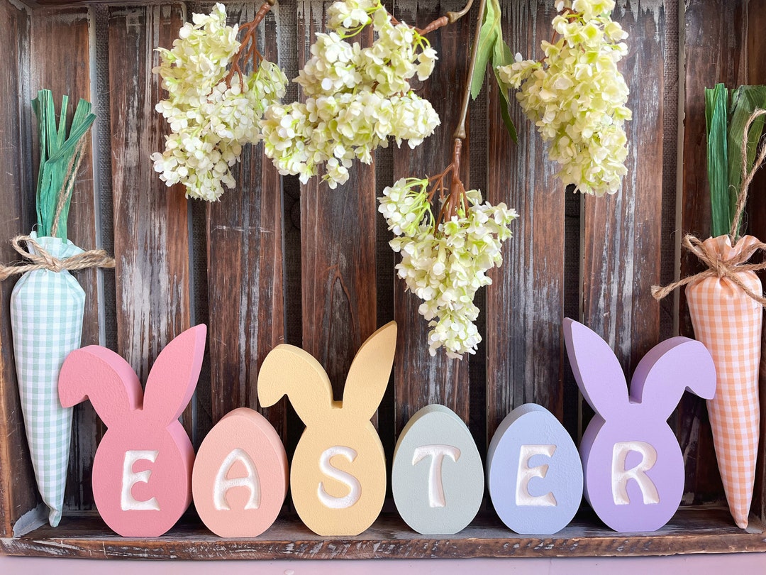 Hand Painted Freestanding Easter Decor Set - MDF Egg and Bunny Pieces ...