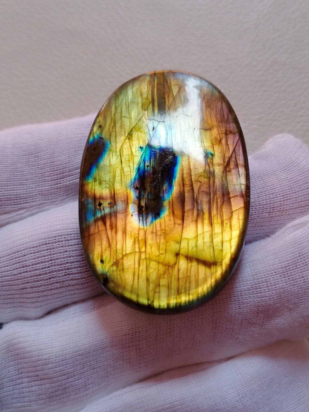 Yellow Flash Labradorite Cabochon: Natural Gemstone Pendant (51X33X8 Mm ...