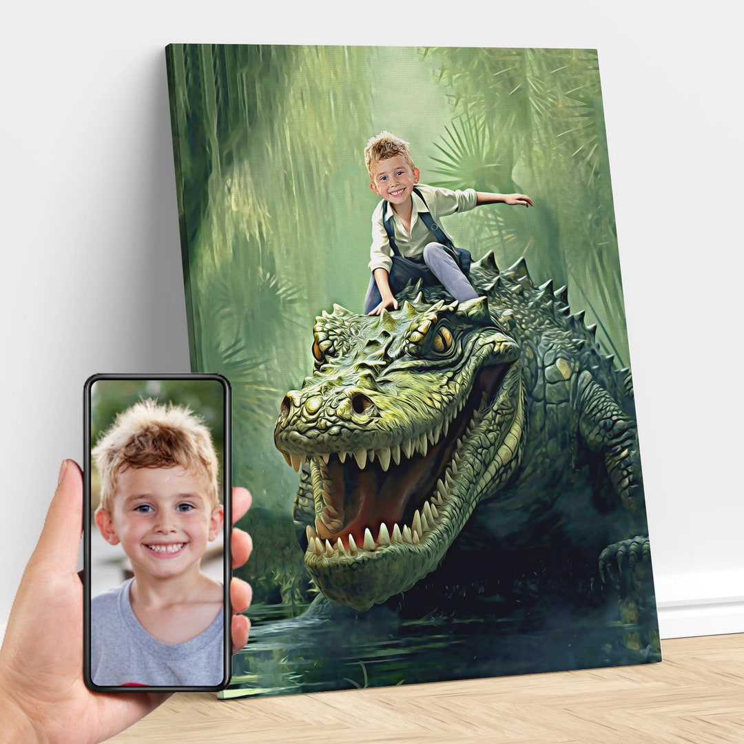 Personalized Kid Riding an Alligator, Alligator Animal Art, Custom ...