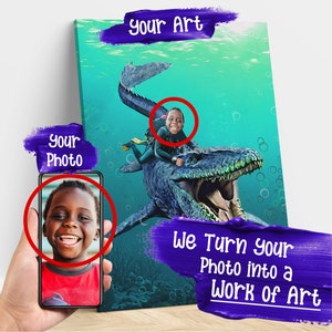 Personalized Kid Riding a Mosasaurus Jurassic Dinosaur Art, Custom ...
