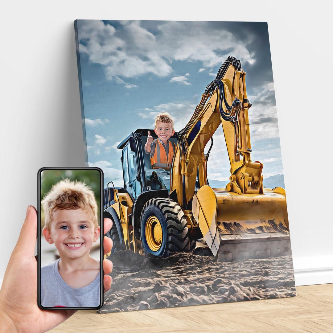 Personalized Kid Backhoe Truck Art, Custom Portrait From Photo ...