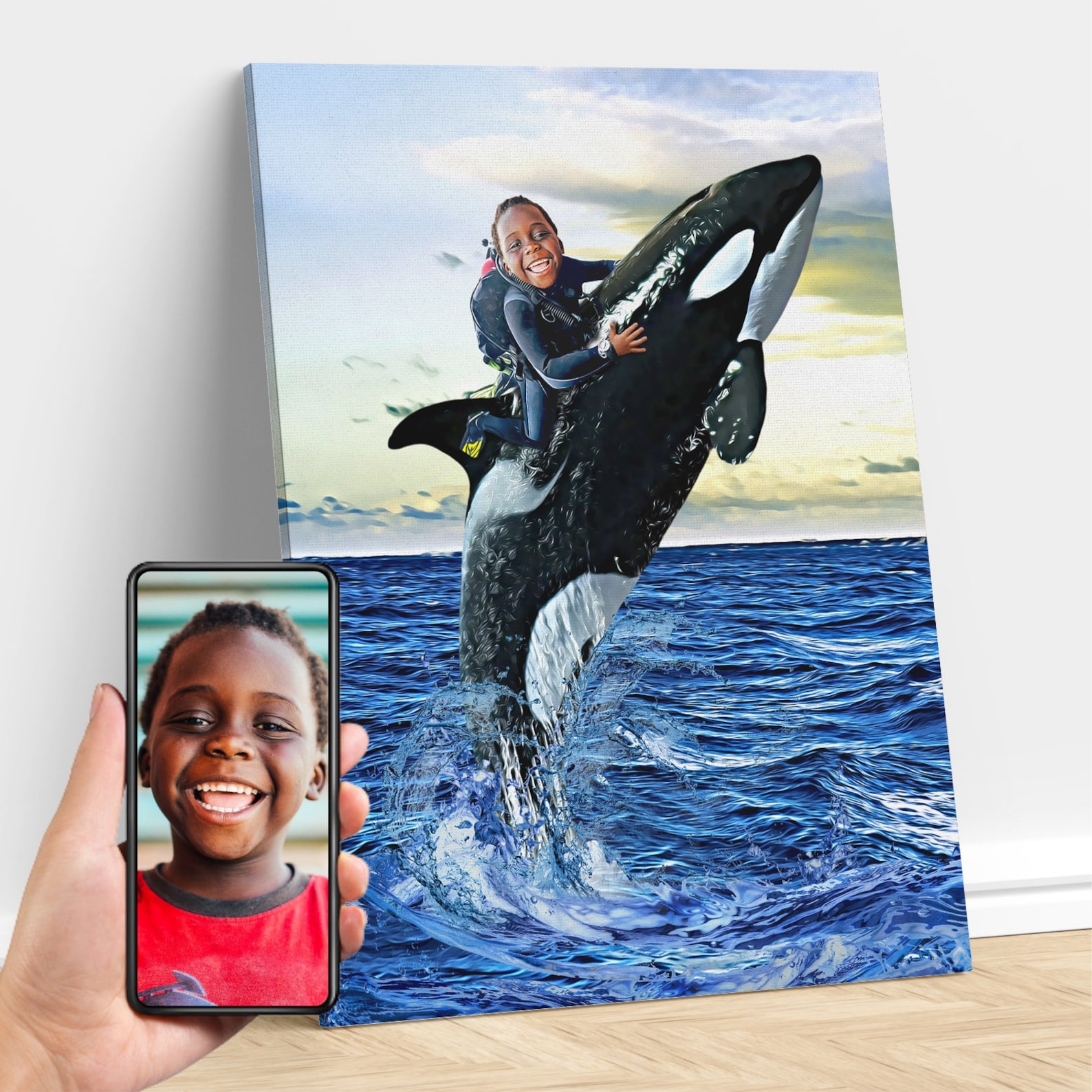 Personalized Kid Riding an Orca, Whale Animal Art, Custom Portrait From ...