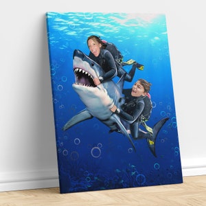 Personalized Kid Riding a Shark, Shark Animal Art, Custom Portrait From ...