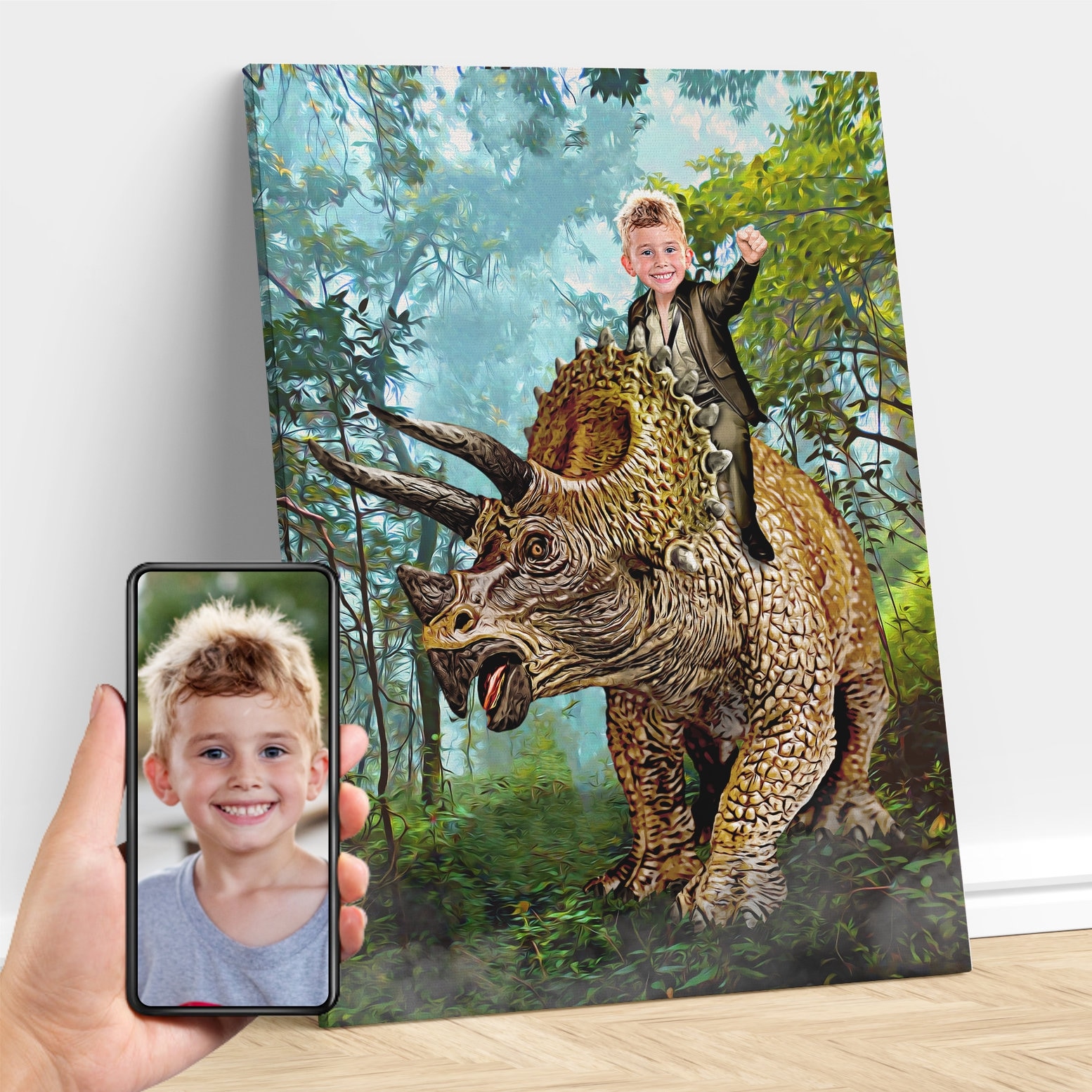 Personalized Boy Riding a Triceratops Dinosaur Art Custom - Etsy