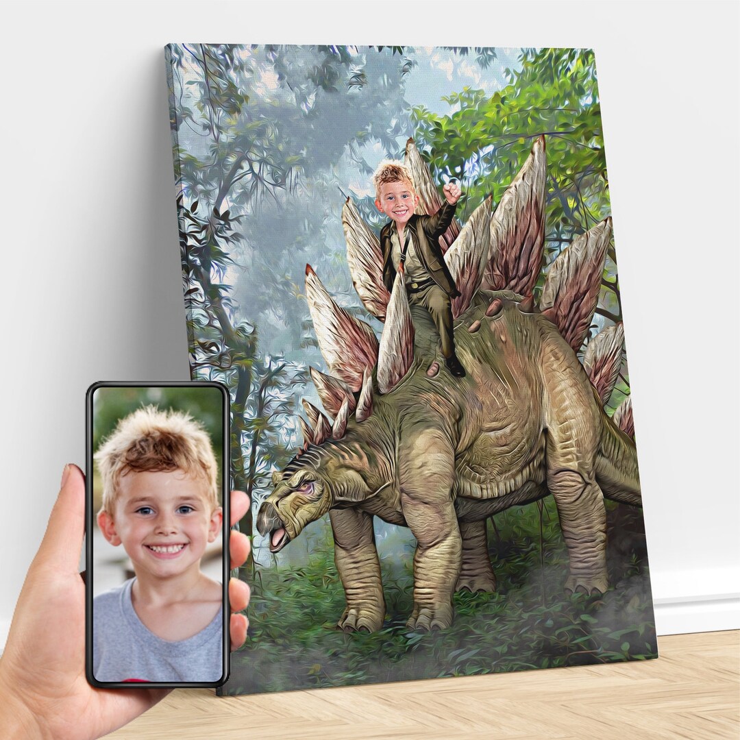 Personalized Kid Riding a Stegosaurus Jurassic Dinosaur Art, Custom ...