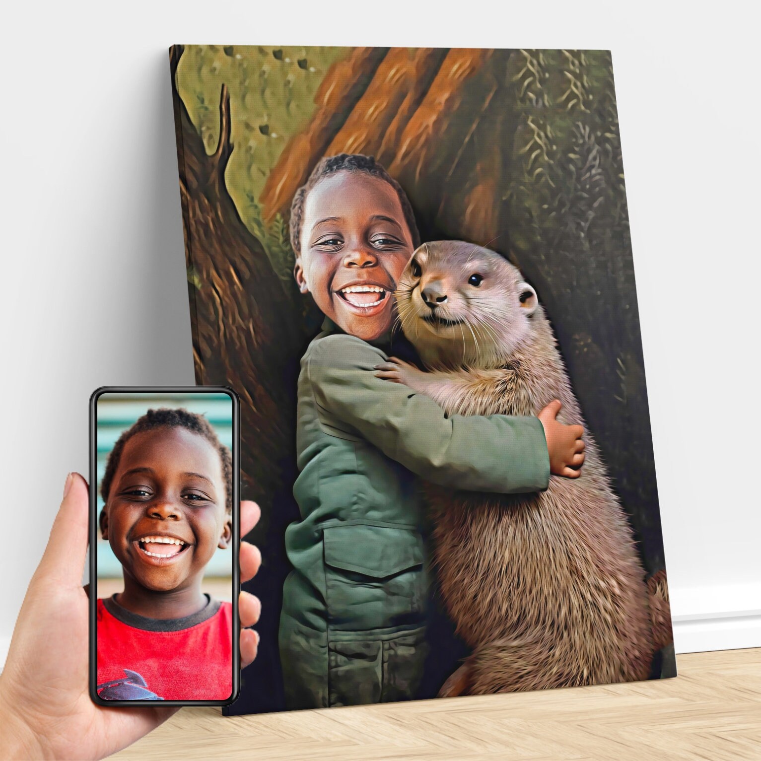 Personalized Kid Hugging an Otter Otter Animal Art Custom - Etsy