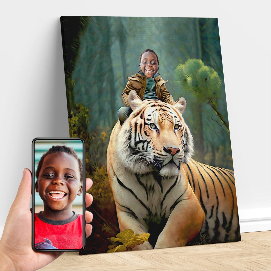 Personalized Child Riding a Giant Tiger Art, Custom Portrait From Photo ...