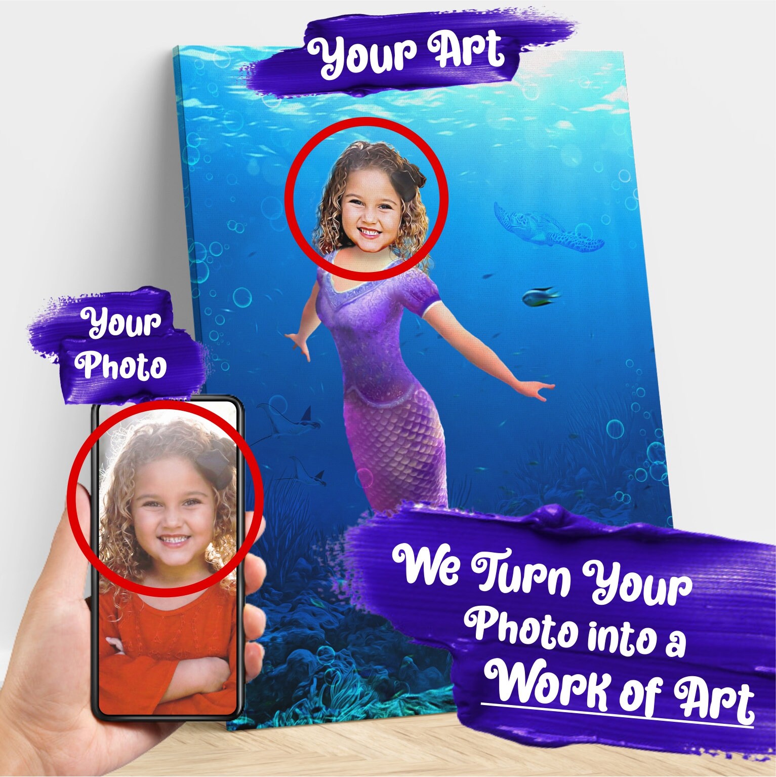 Personalized Girl Mermaid Custom Child Portrait From Photo | Etsy