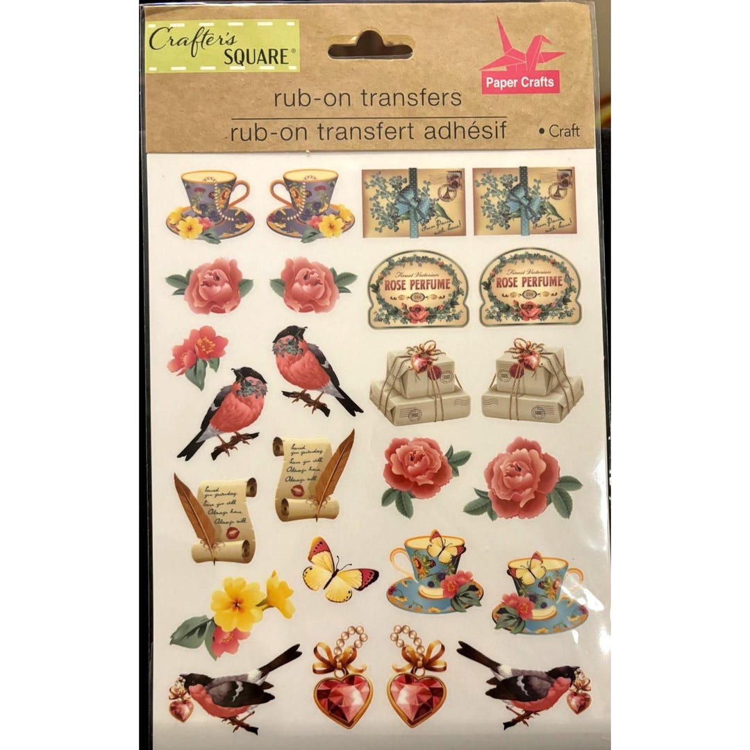 Crafters Square Rub on Transfers, Birds, Teacups, Hearts, Flowers ...