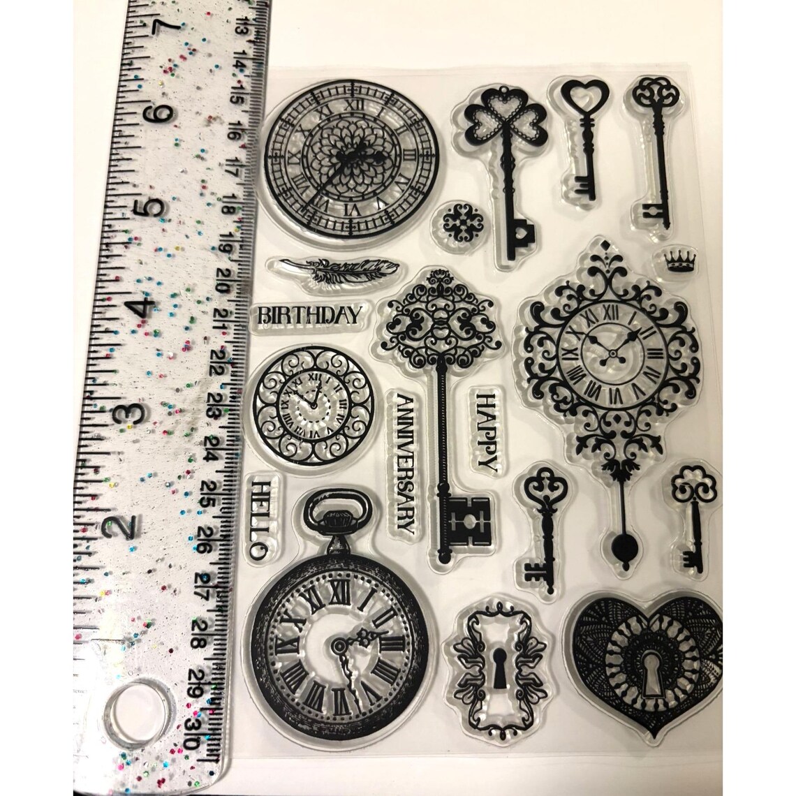 Clear Stamp, Vintage Theme, Keys, Locks, Clocks, Scrapbook, Card Making ...