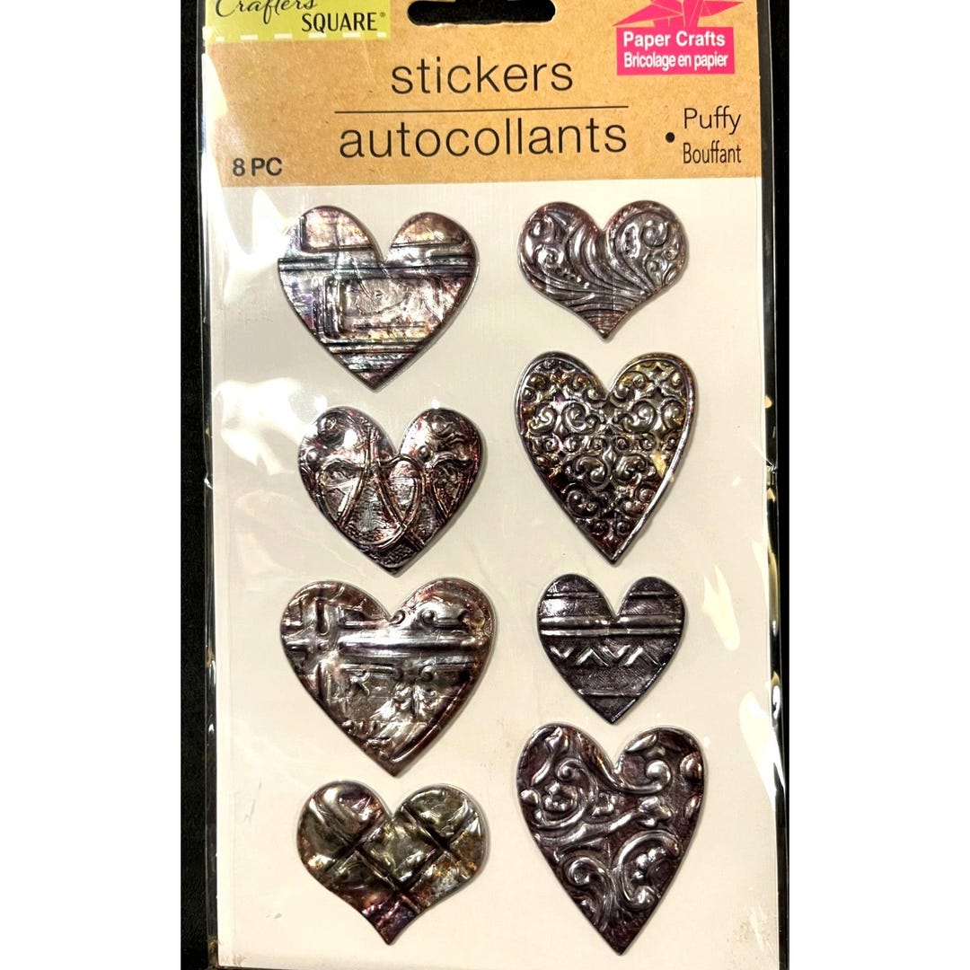 Heart Puffy Stickers Metallic Look, Raised Detail, Silver, Gold Hues ...