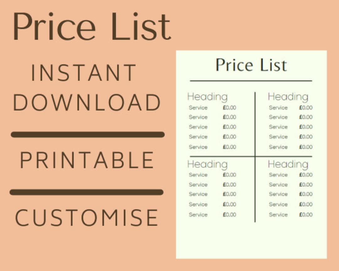 Pricing List Price List Template Printable List Instant Download ...